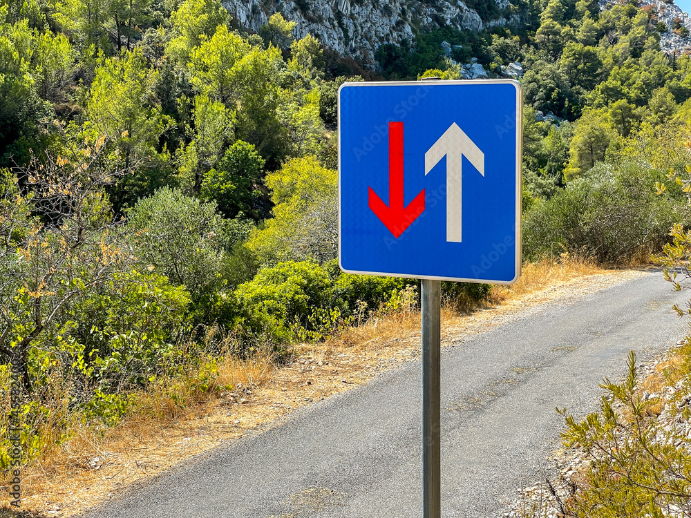 "Oncoming traffic must wait" road sign. Hvar island, Croatia. Stock ...