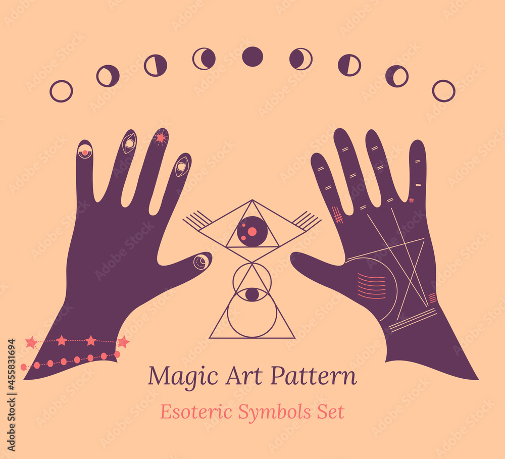 Set of esoteric symbols for fortune telling by hand. Illustration of ...