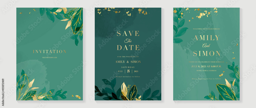 Green luxury wedding invitation card background with golden line art ...