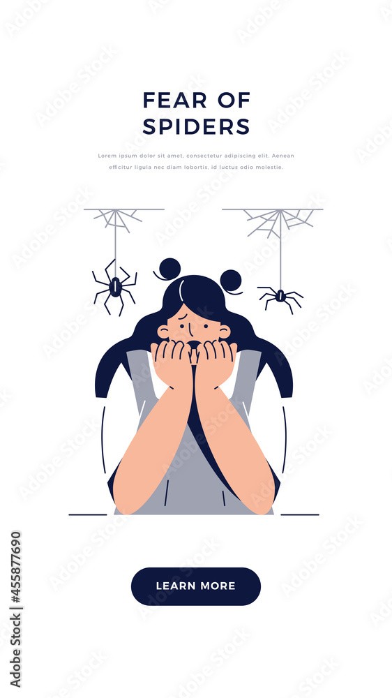 Fear of Spiders, Arachnophobia banner. Screaming Frightened woman ...