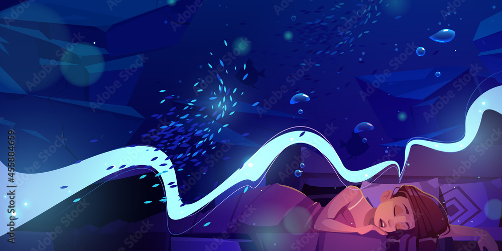 Woman sleep in bed under blanket and see in dreams underwater sea life ...