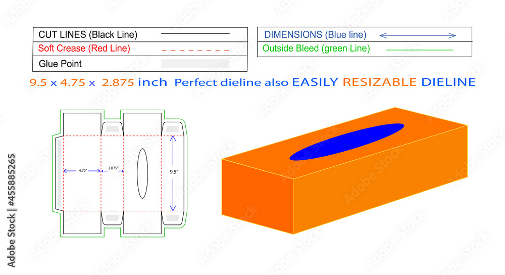 Rectangular size facial tissue box 9.5x4.75x2.875 cm dieline template ...