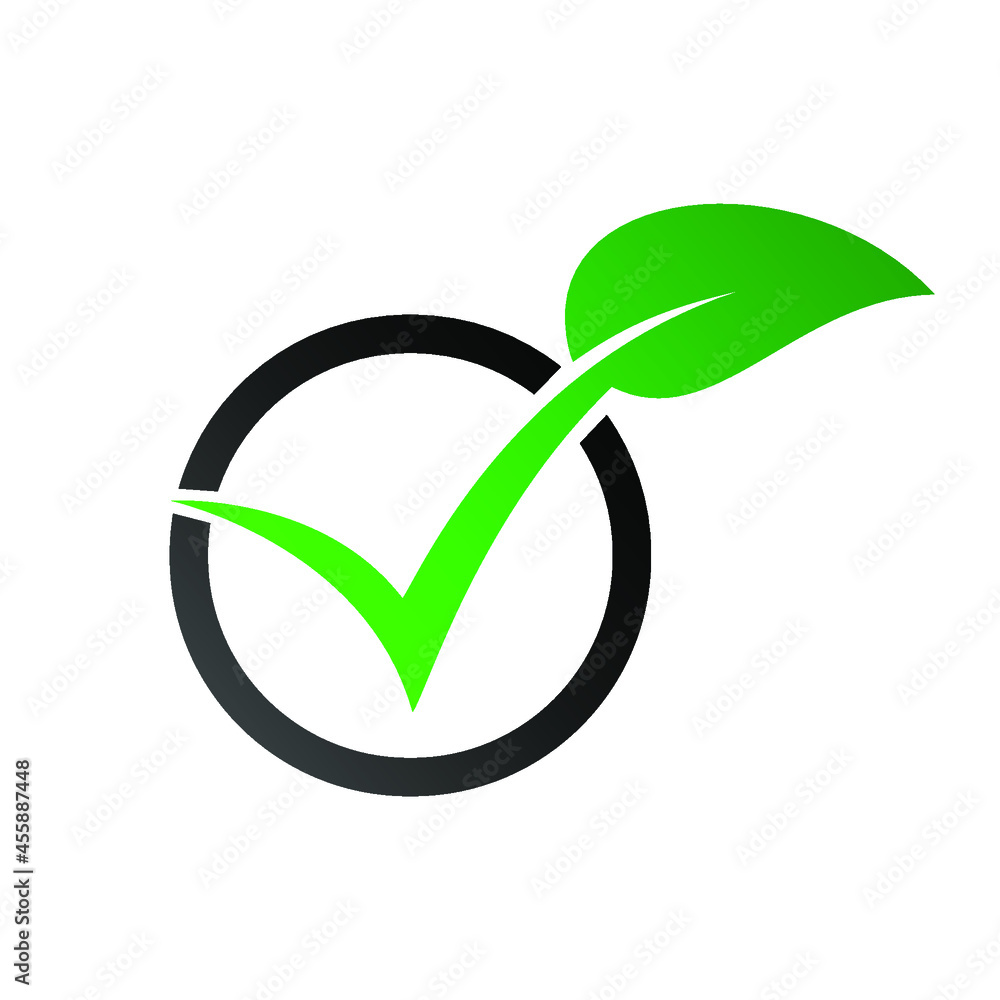 Check mark with green leaf. Checkbox with eco tick. Vector illustration ...