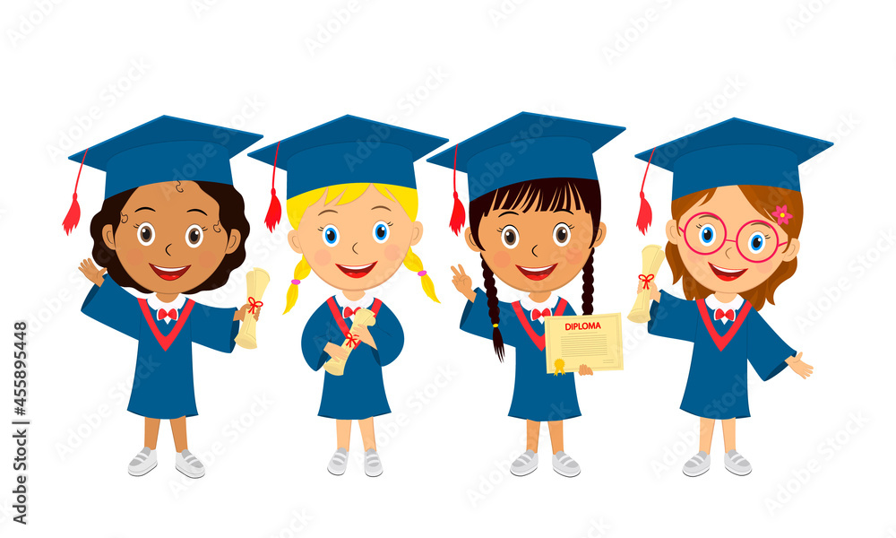 cute cartoon graduation girls stand with diploma Stock Vector | Adobe Stock