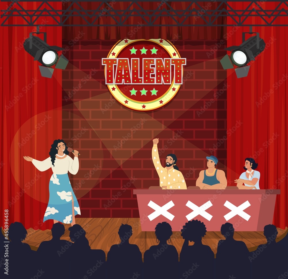 Talent show. Singer, young woman singing in front of live audience and ...