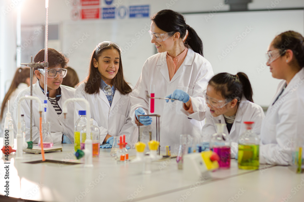 Female teacher and students conducting scientific experiment, watching ...