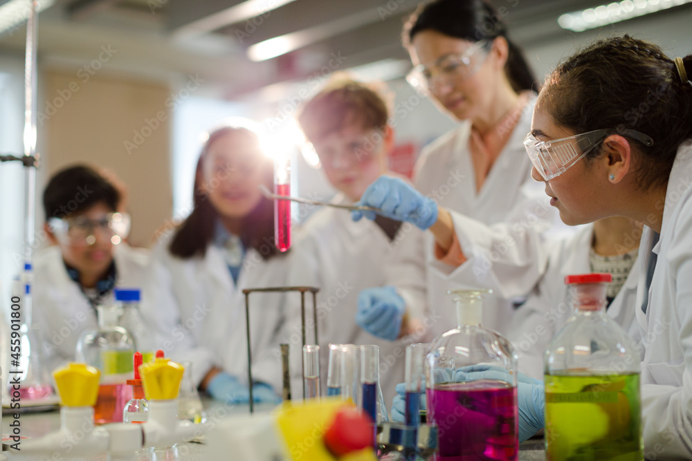 Female teacher and students conducting scientific experiment, watching ...