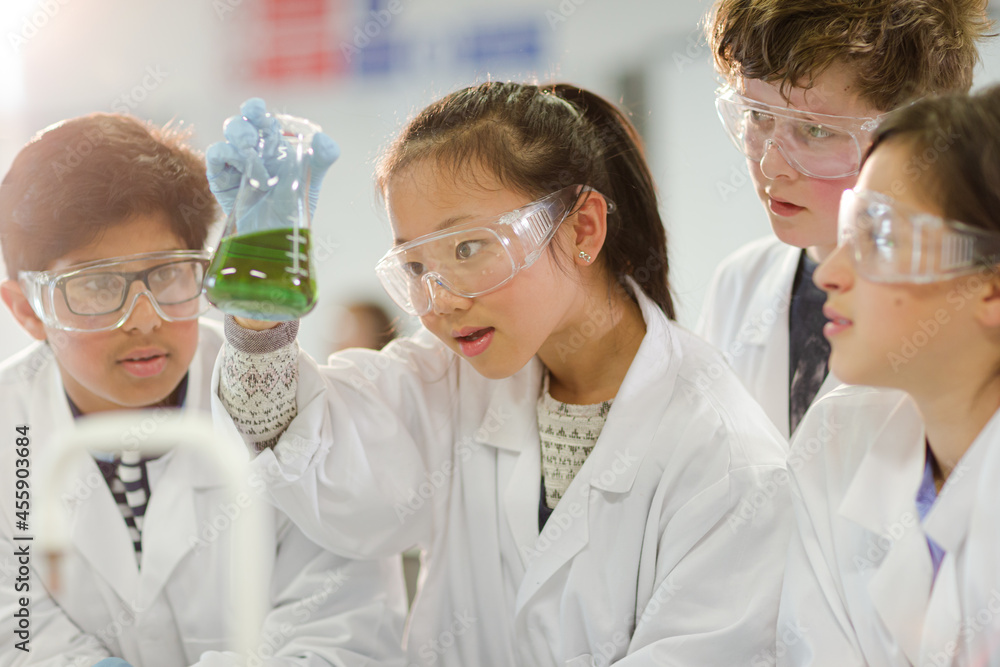 Curious students conducting scientific experiment, examining liquid in ...