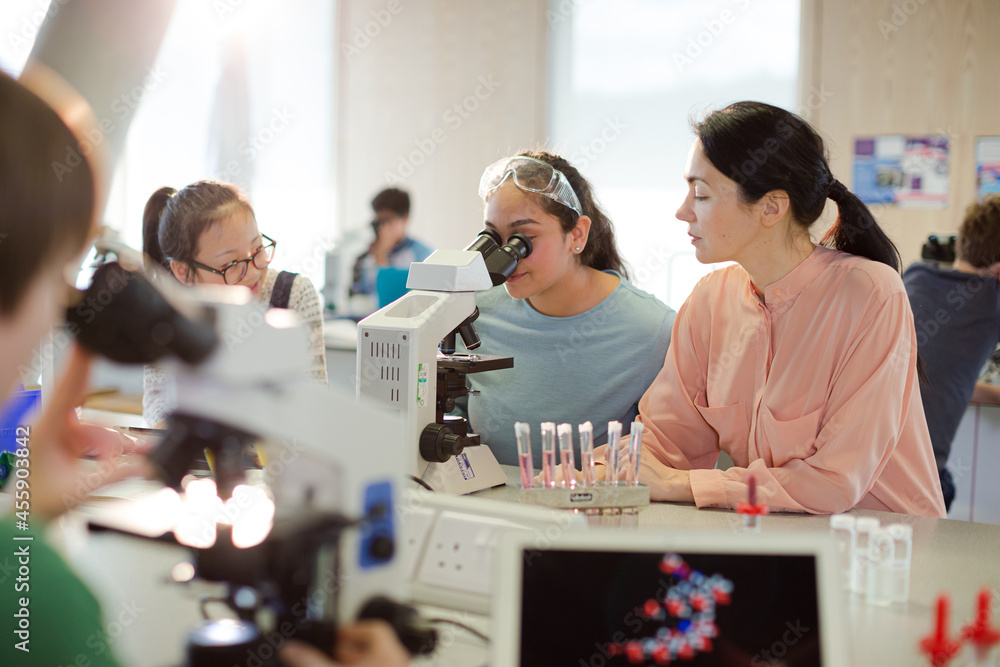 Female teacher and girl student conducting scientific experiment at ...