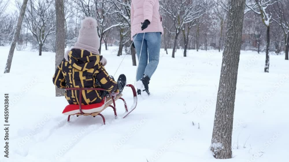 A woman sledding with her daughter. A view of a mother sledding her ...