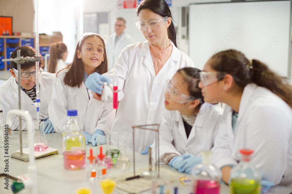 Female teacher and students conducting scientific experiment, watching ...