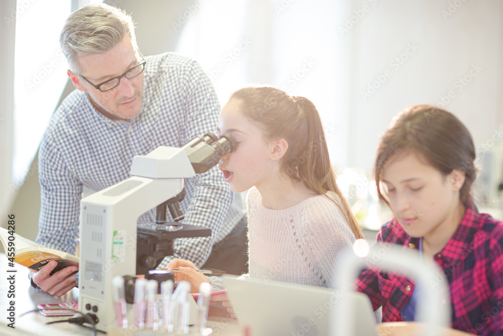 Male teacher helping girl students using microscope, conducting ...