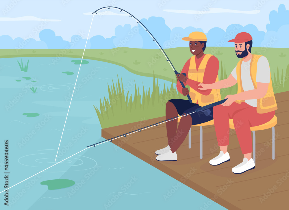 Vektorová grafika „Fishing with friend flat color vector illustration ...