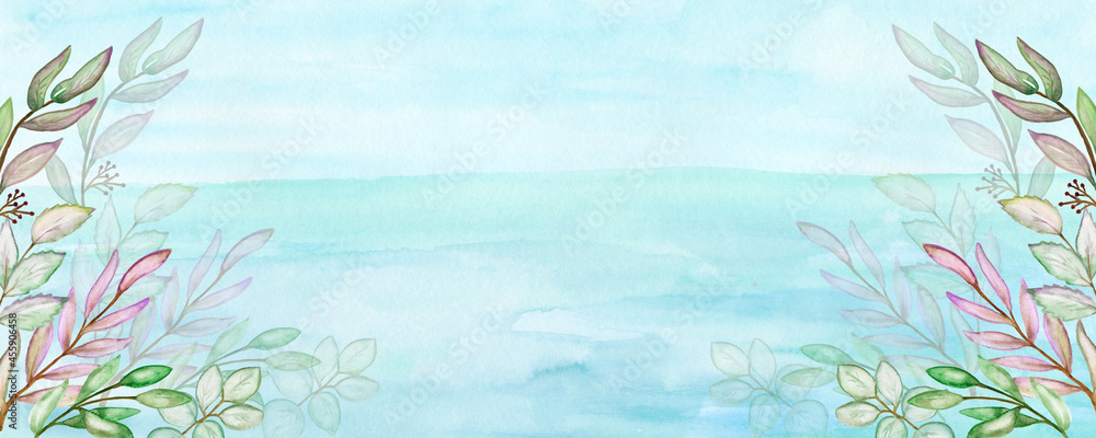 World Oceans Day Background, banner made of green twigs.Top and bottom ...