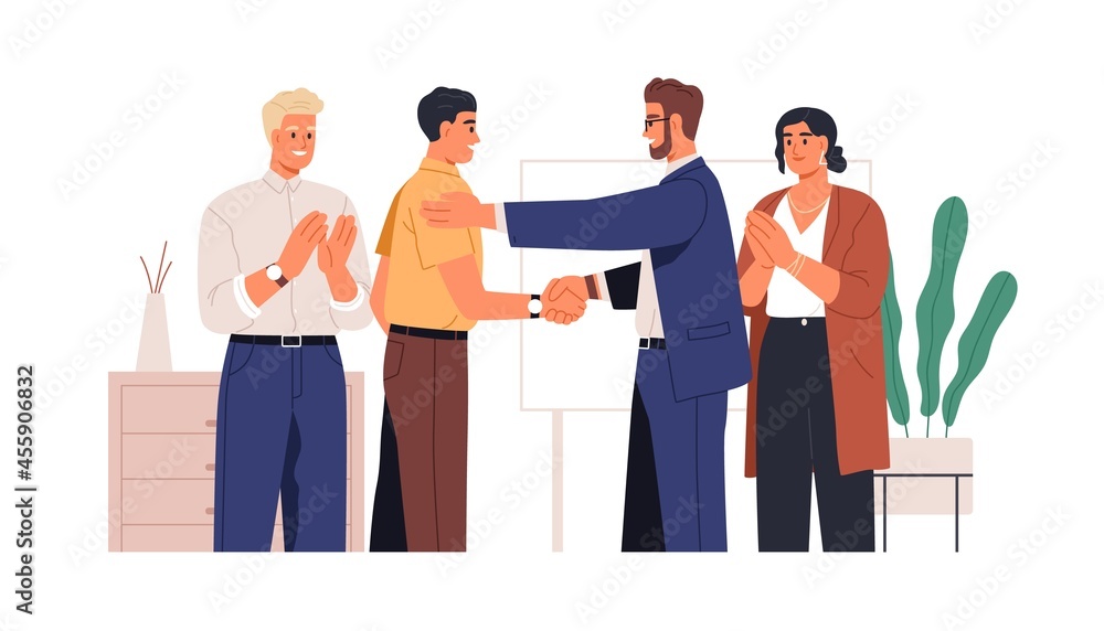 People congratulating colleague with success at work. Boss handshaking ...