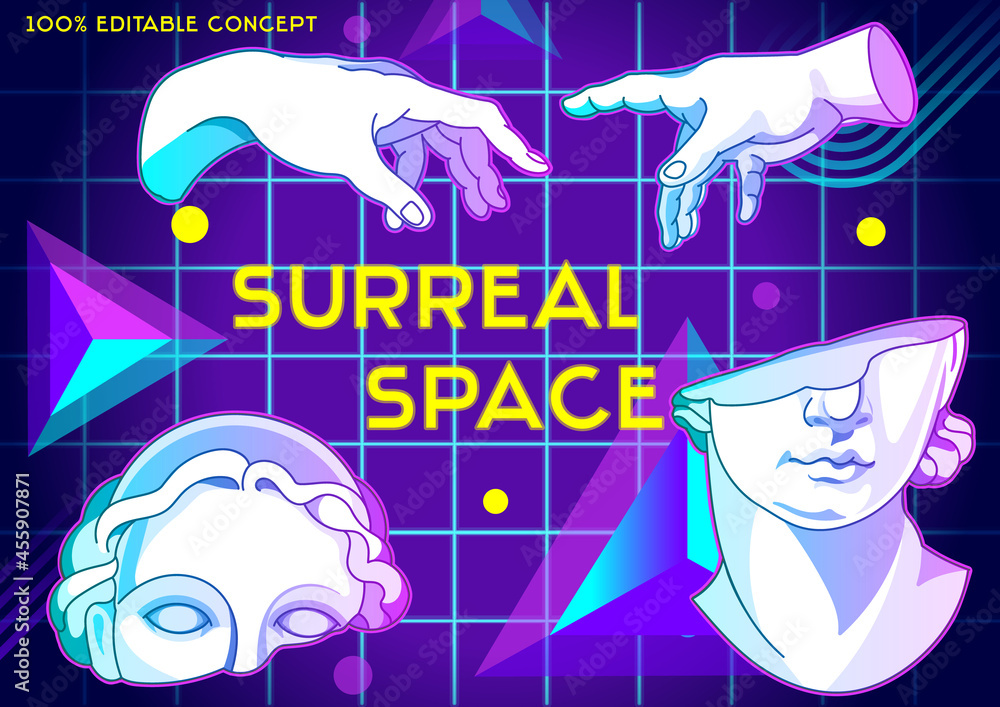 Cyberpunk and vaporwave neon style art collage.Hands going to touch ...