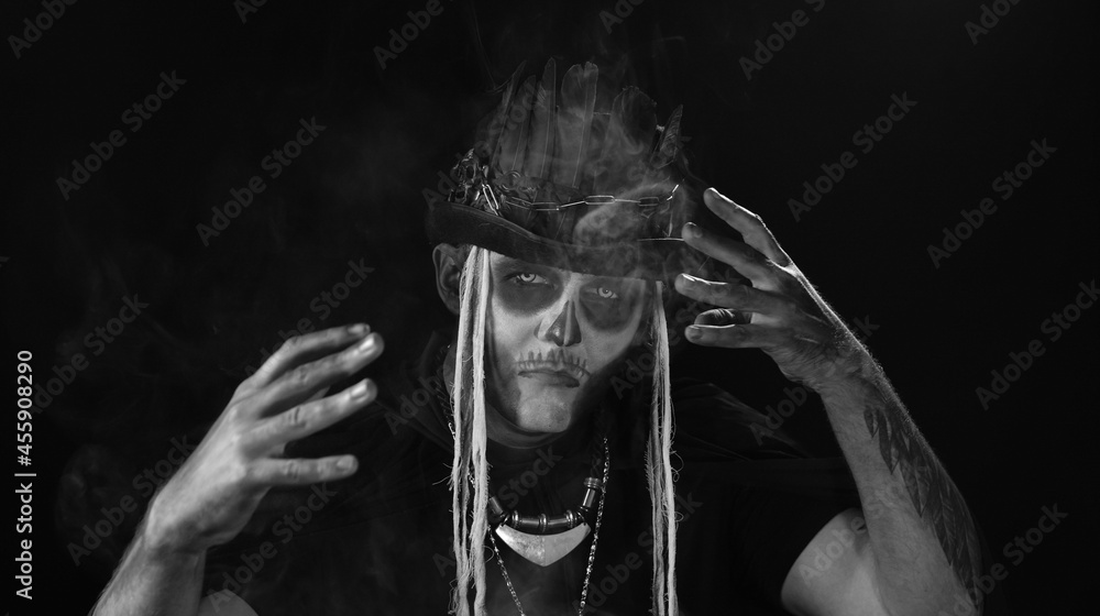 Man in skeleton Halloween cosplay costume. Fashion art design. Guy in ...