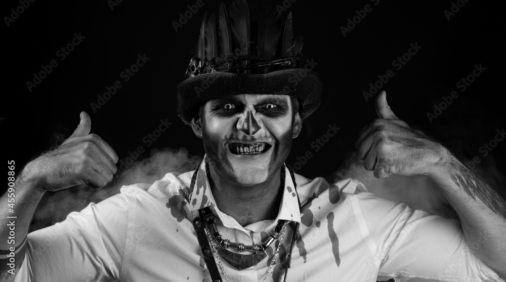 Frightening smiling man in skeleton Halloween cosplay costume. Guy in ...