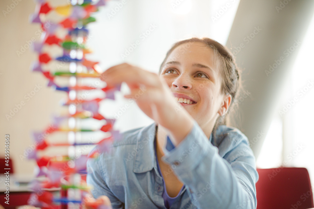 Curious girl student examining DNA model in classroom Stock Photo ...