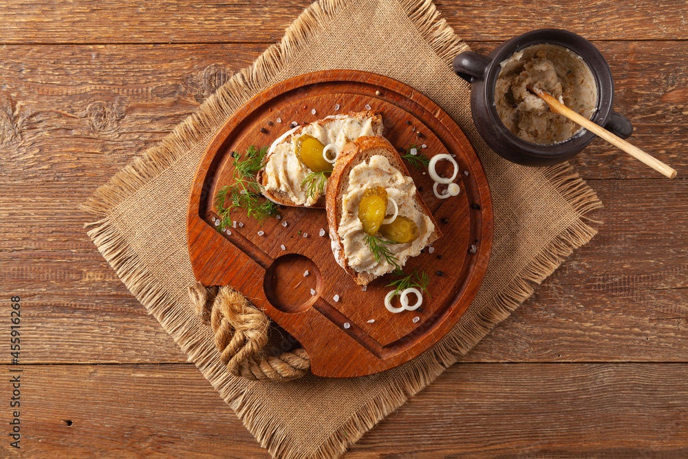 Sandwich with lard and pickled cucumber. Traditionally rendered lard ...