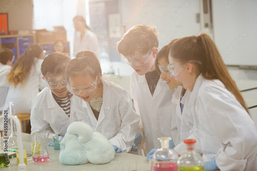 Surprised students conducting scientific experiment, watching chemical ...