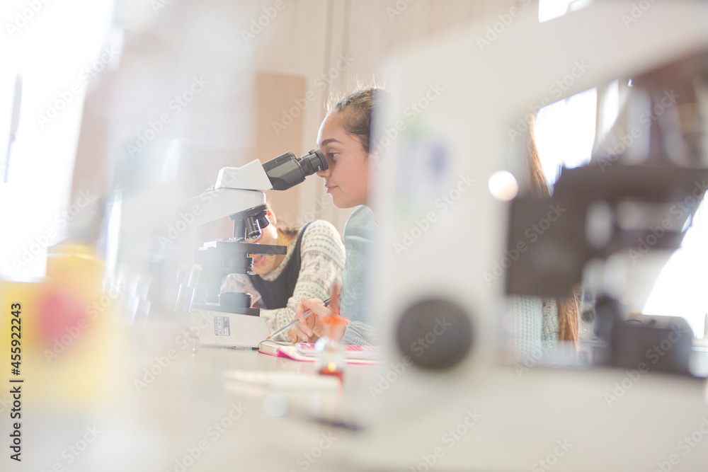Girl students using microscope, conducting scientific experiment in ...
