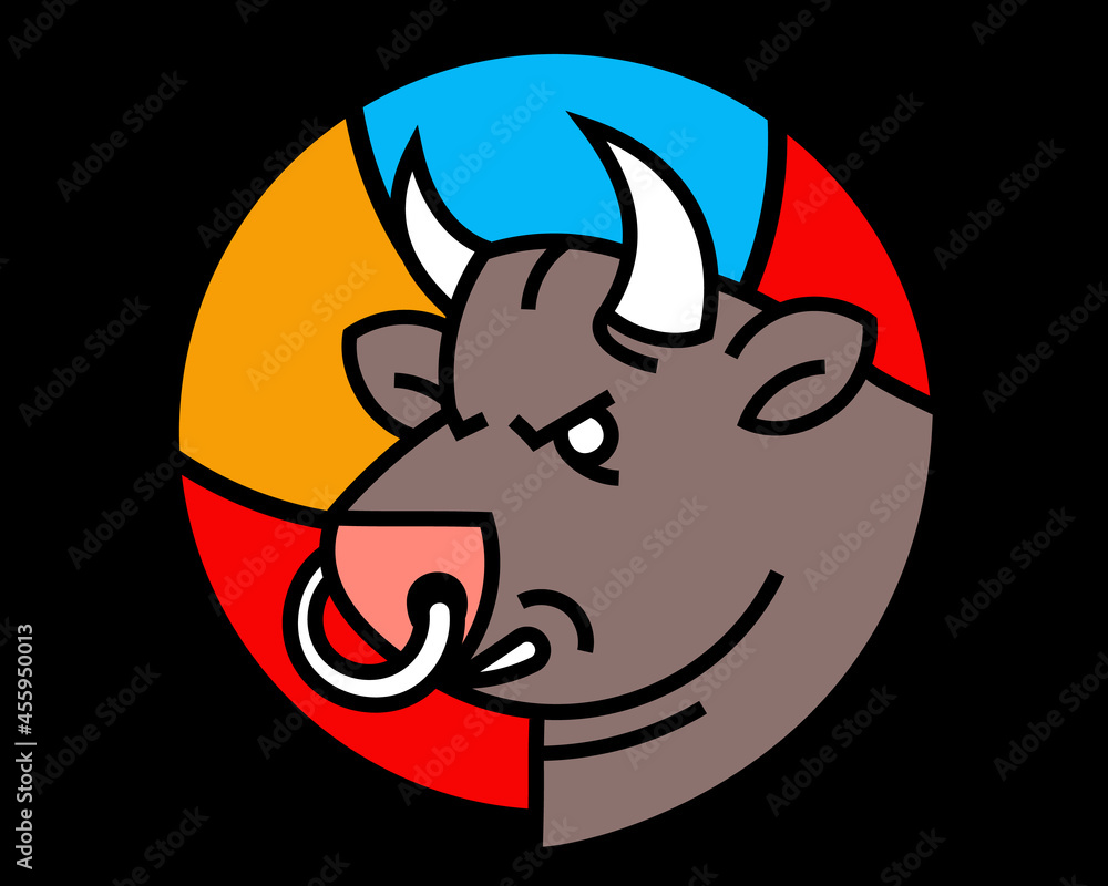 Line Art Flat Style Design of Logo of Angry Animal Bull with Ring in ...