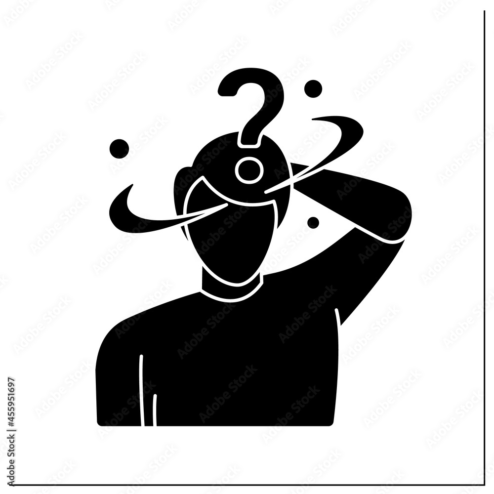 Confusion glyph icon. Confused and dizzy lost man under question sign ...