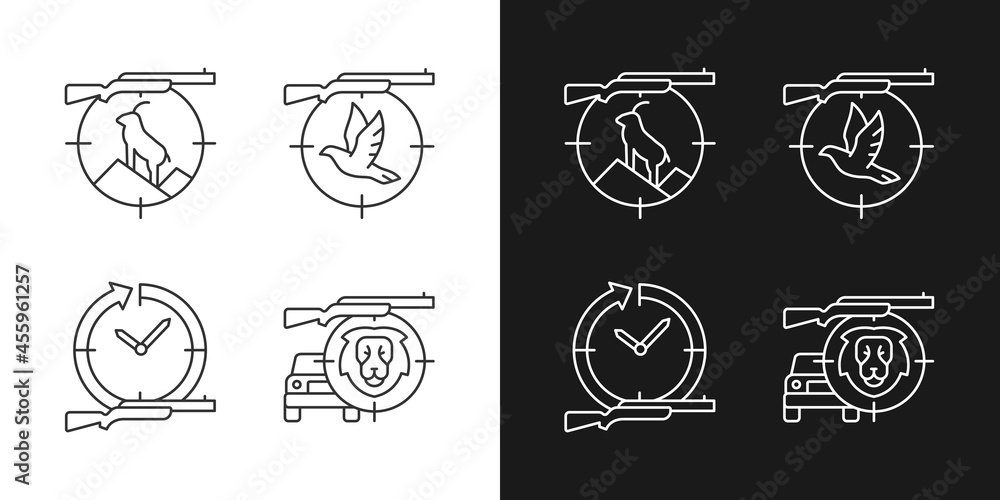 Hunting types linear icons set for dark and light mode. Mountain ...