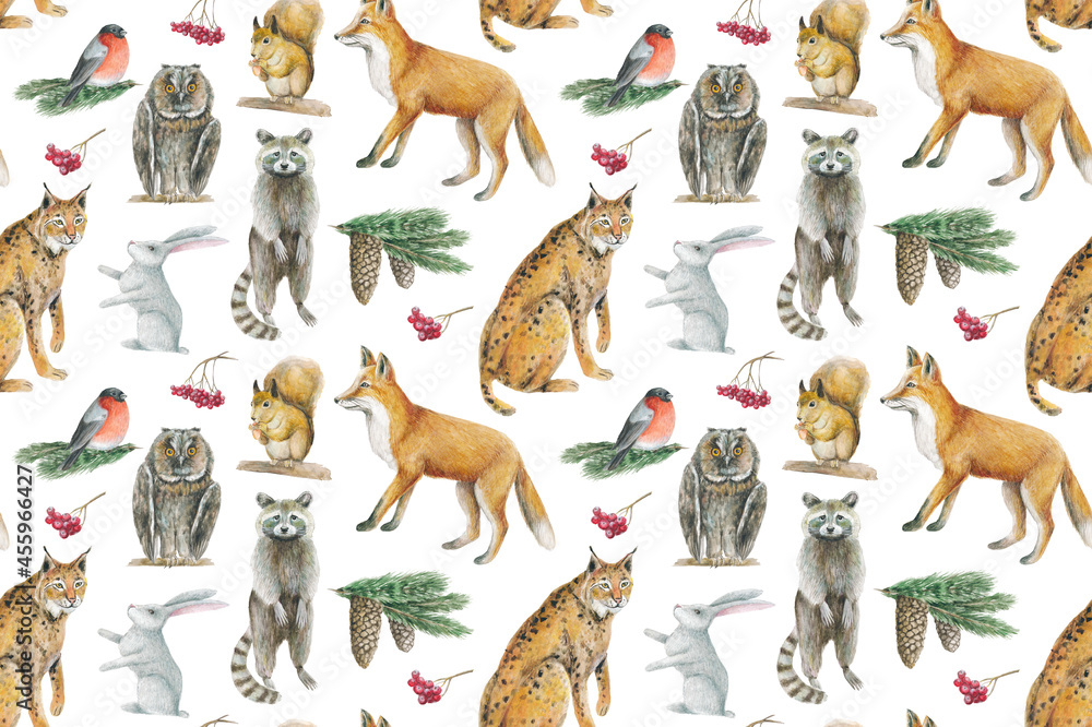 Seamless pattern with forest animals. Plants - cones, spruce branches ...