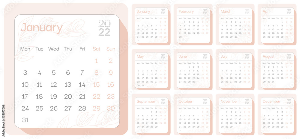 2022 floral leaves light pink calendar planner month leaf, week starts ...