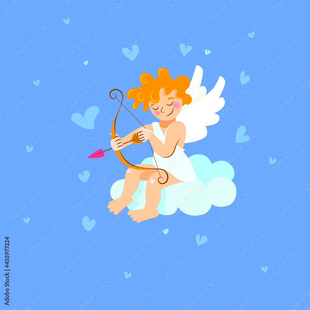 Cupid in a white toga sits on a cloud and aims an arrow with a heart ...