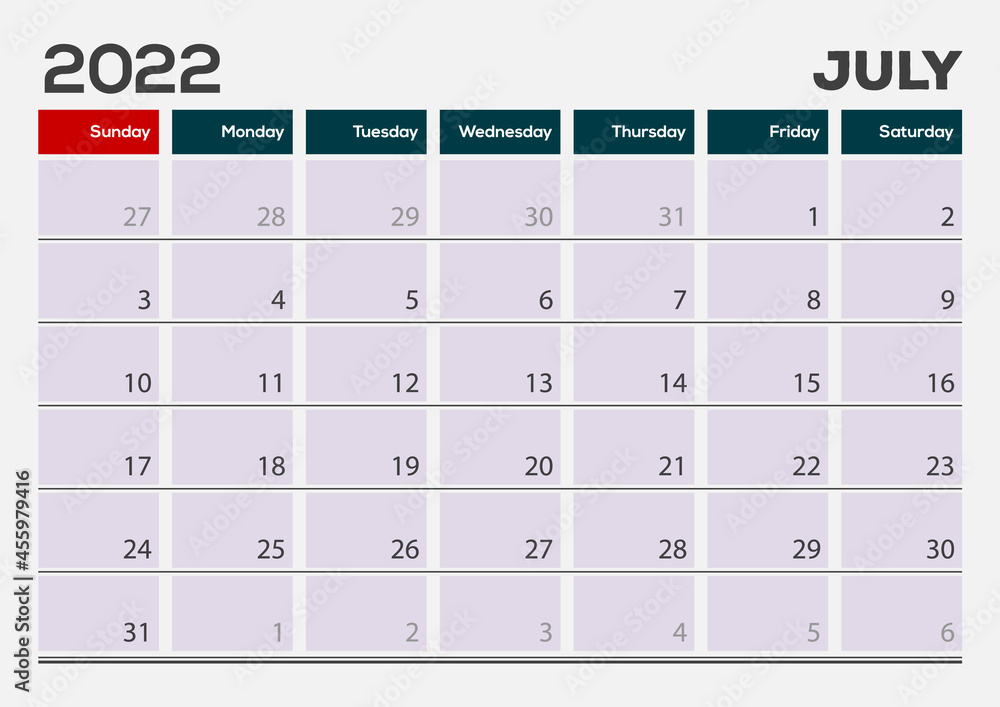 July 2022. Calendar planner design template. Week starts on Sunday ...