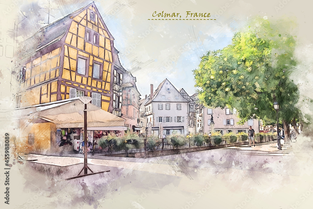 city life of Colmar in France in sketch style Stock Illustration ...