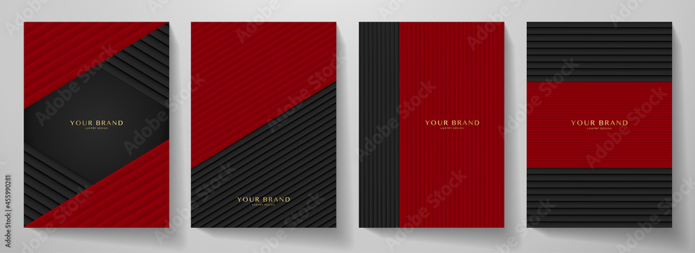 Contemporary red and black cover design set. Maroon color dynamic line ...