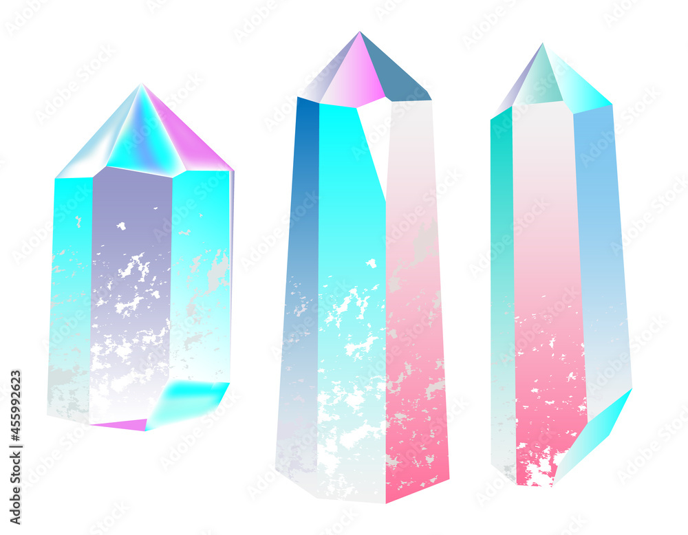 Vector natural stones. Neon holographic crystals with white specks ...