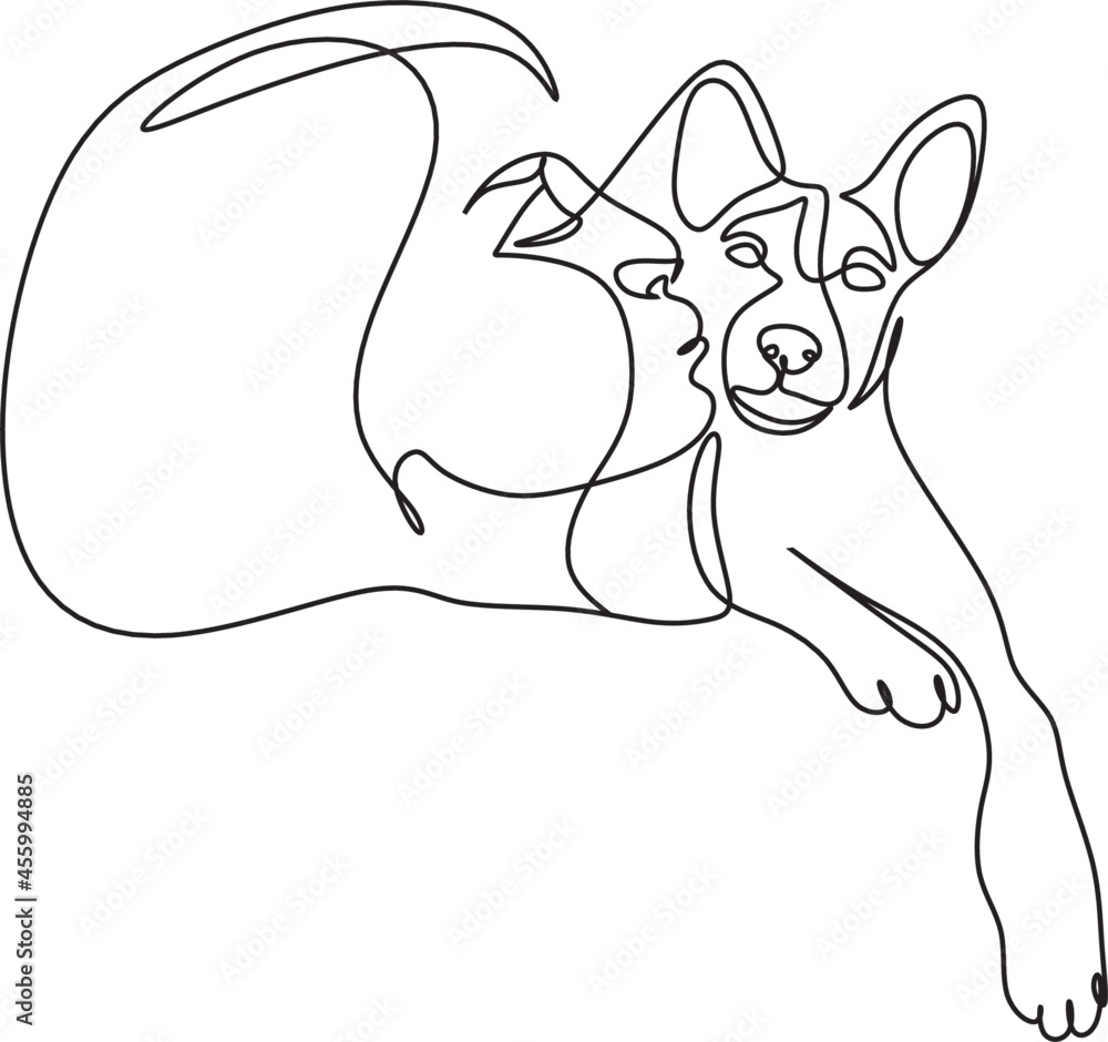 continuous line drawing of woman walking exercise with dog. One ...