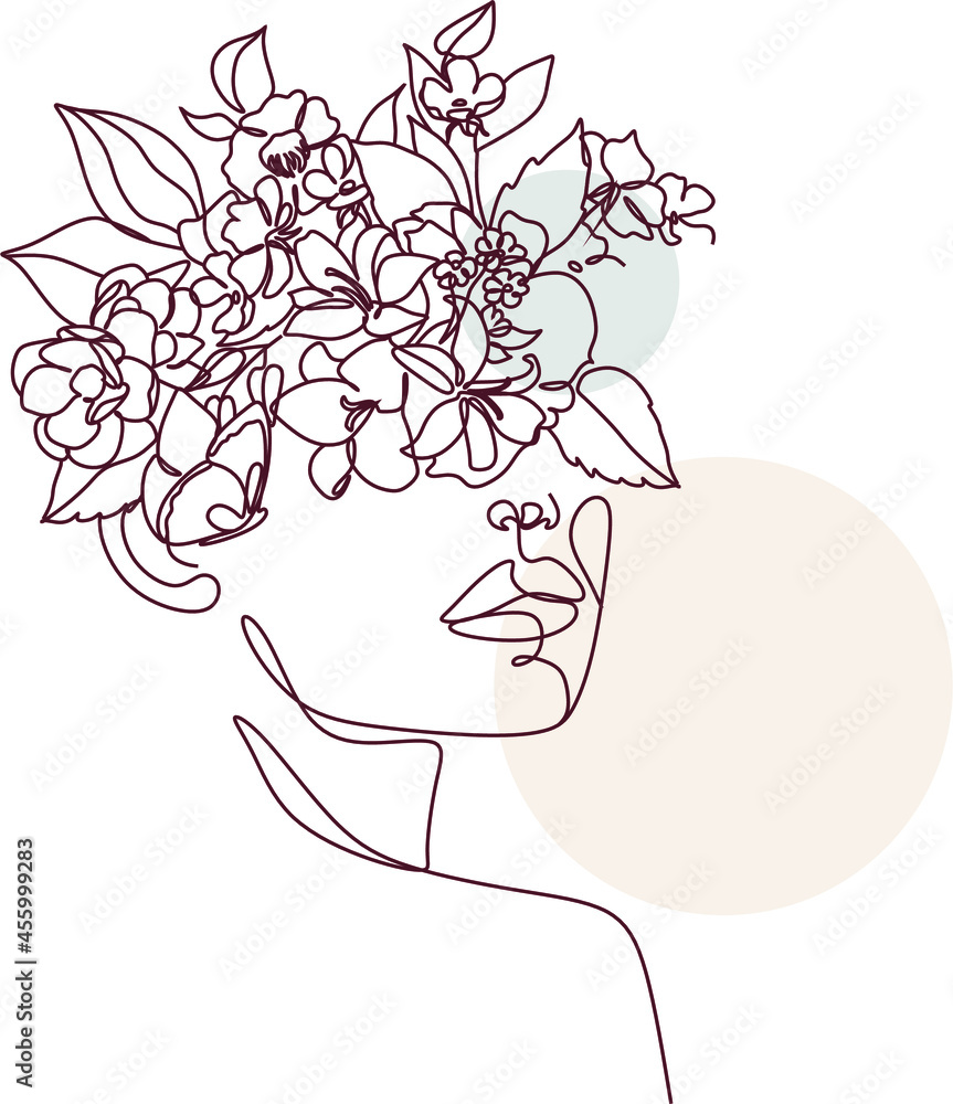 Nature woman head. Line art female face Art Print Stock Vector | Adobe ...