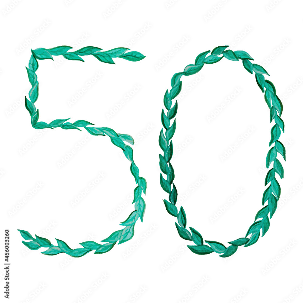 Watercolor hand drawn number 50 of green leaves isolated on a white ...