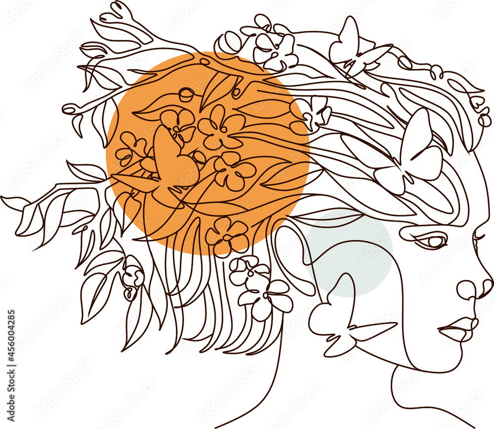 Line art woman tree. Nature face vector. Flower face. Organic botanical ...