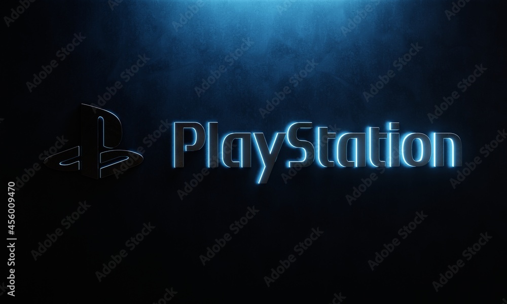 Three-dimensional PlayStation logo against dark backdrop with moody ...