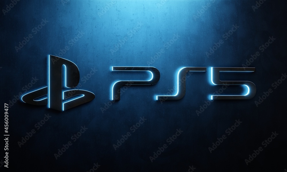 Three-dimensional PlayStation 5 or PS5 logo against dark backdrop with ...