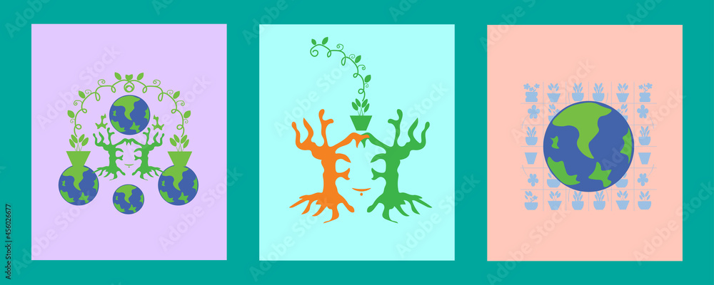 Nature retro poster. Set of vintage poster. Earth day, globe, tree ...