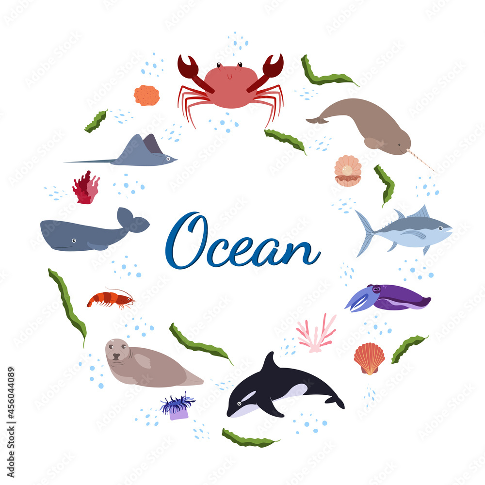 Design template with sea animal in circle for kid print. Round ...
