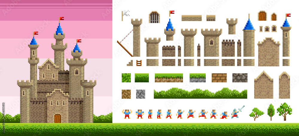 Pixel art castel or fortress design with animation character and park ...