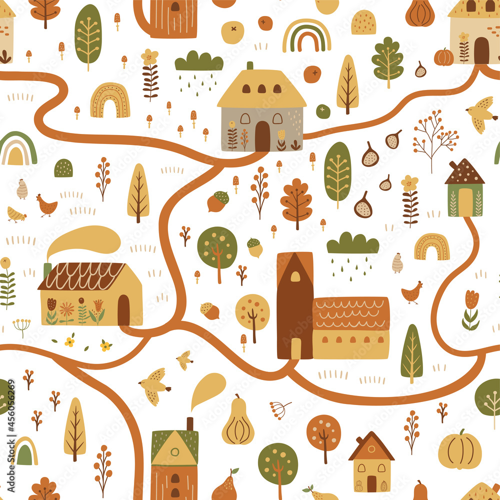 Cartoon village map. Cute map nature vector illustration. Cottage ...
