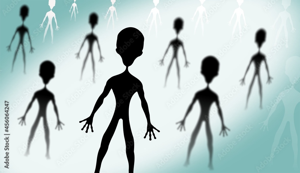 Black silhouettes of spooky aliens and a bright light behind them. The ...