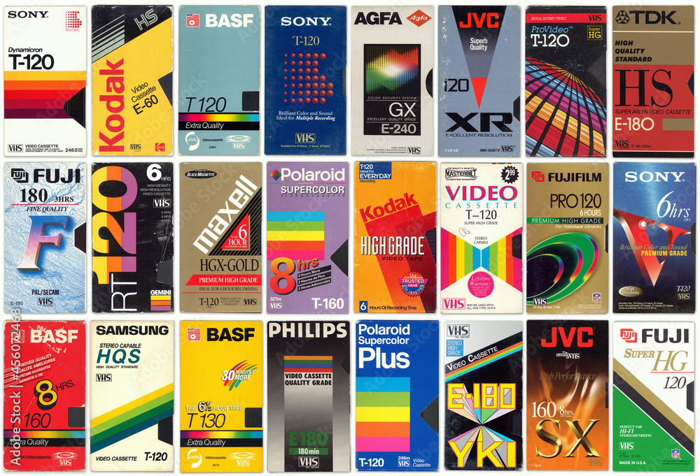 Collection of old vintage VHS video cassettes, colorful retro cover ...