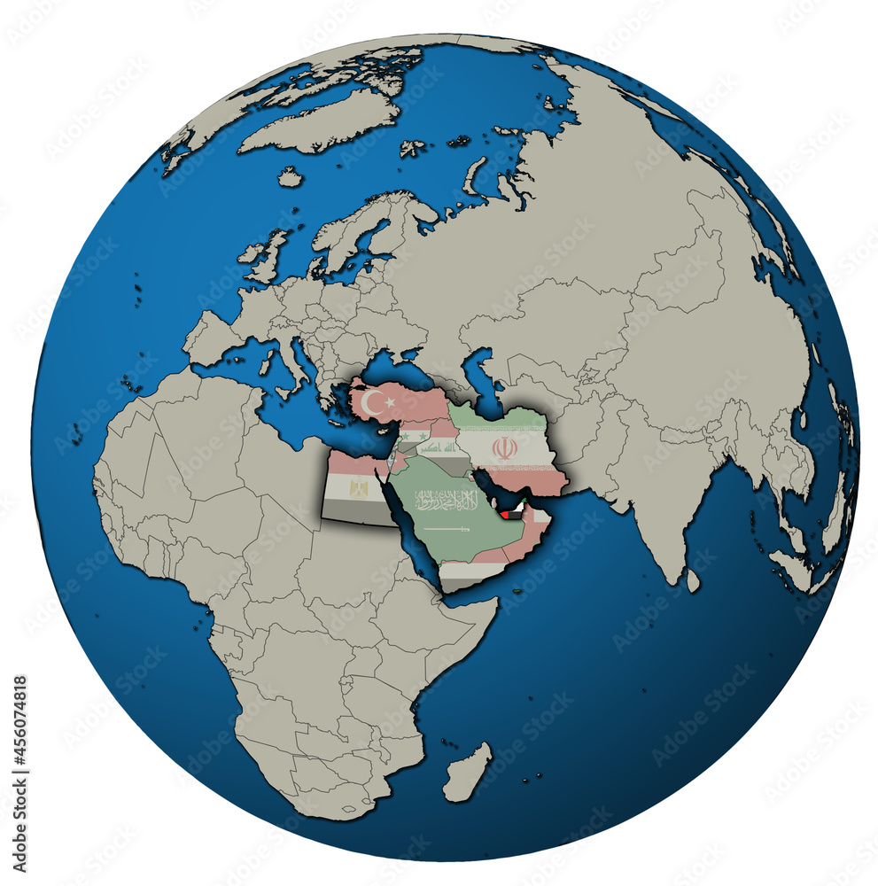 map of UAE territory located in middle east region with country flags ...