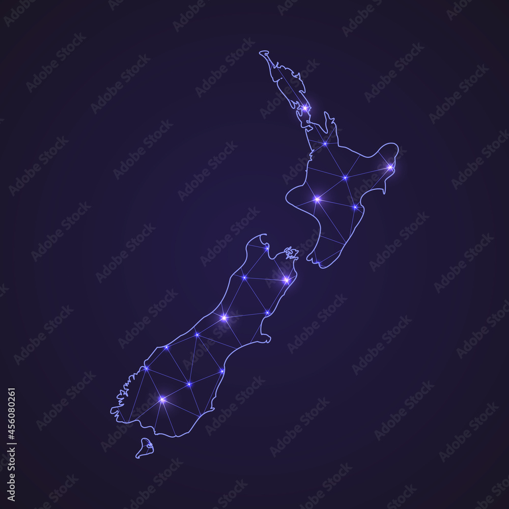 Digital network map of New Zealand. Abstract connect line and dot Stock ...